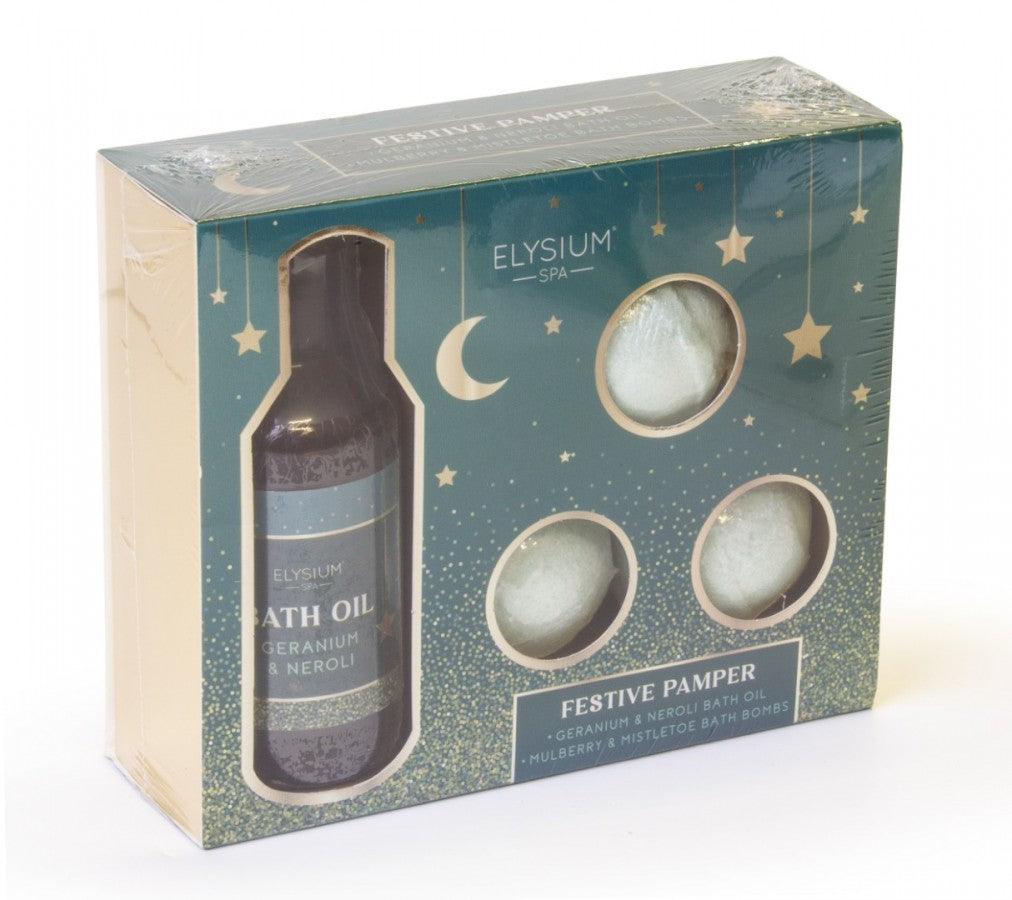 ELY1227 BATH OIL & BATH BOMB SET - FESTIVE PAMPER – superstarsuk